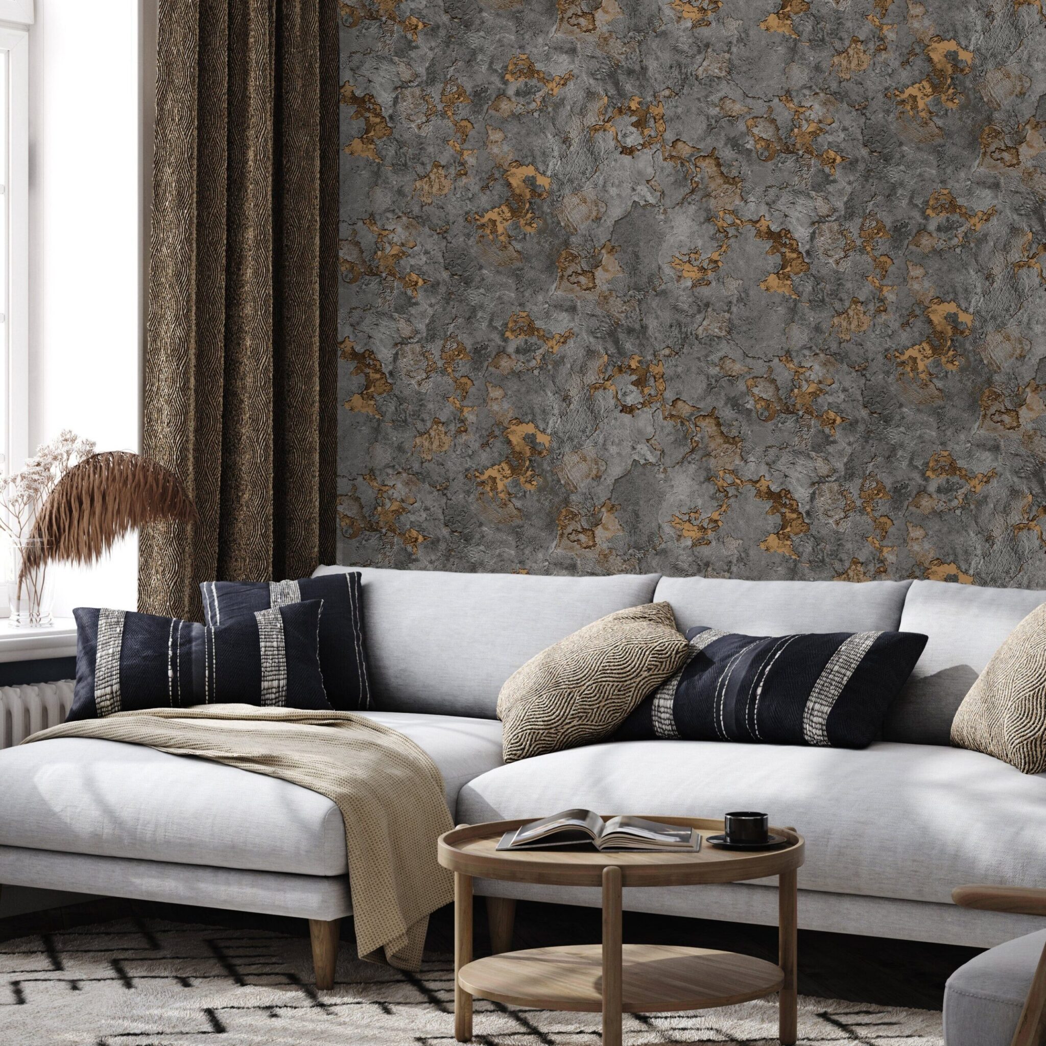 Tapet vinil superlavabil gri inchis cu accente bronz, model stucco in ...